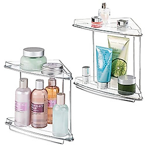 mDesign Steel/Plastic Freestanding Countertop Corner Shelf Organizer with 2-Tier Storage for Bathroom, Vanity, Cabinet, Counter - Holds Makeup, Bath Gel - Prism Collection - 2 Pack - Clear