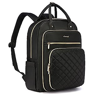 LOVEVOOK Laptop Backpack for Women, 15.6 Inch Computer Backpack for Teacher Nurse with Water Resistant, Lightweight Travel Work Backpack with USB Charging Port, Quilted Commuter Backpack purse, Black