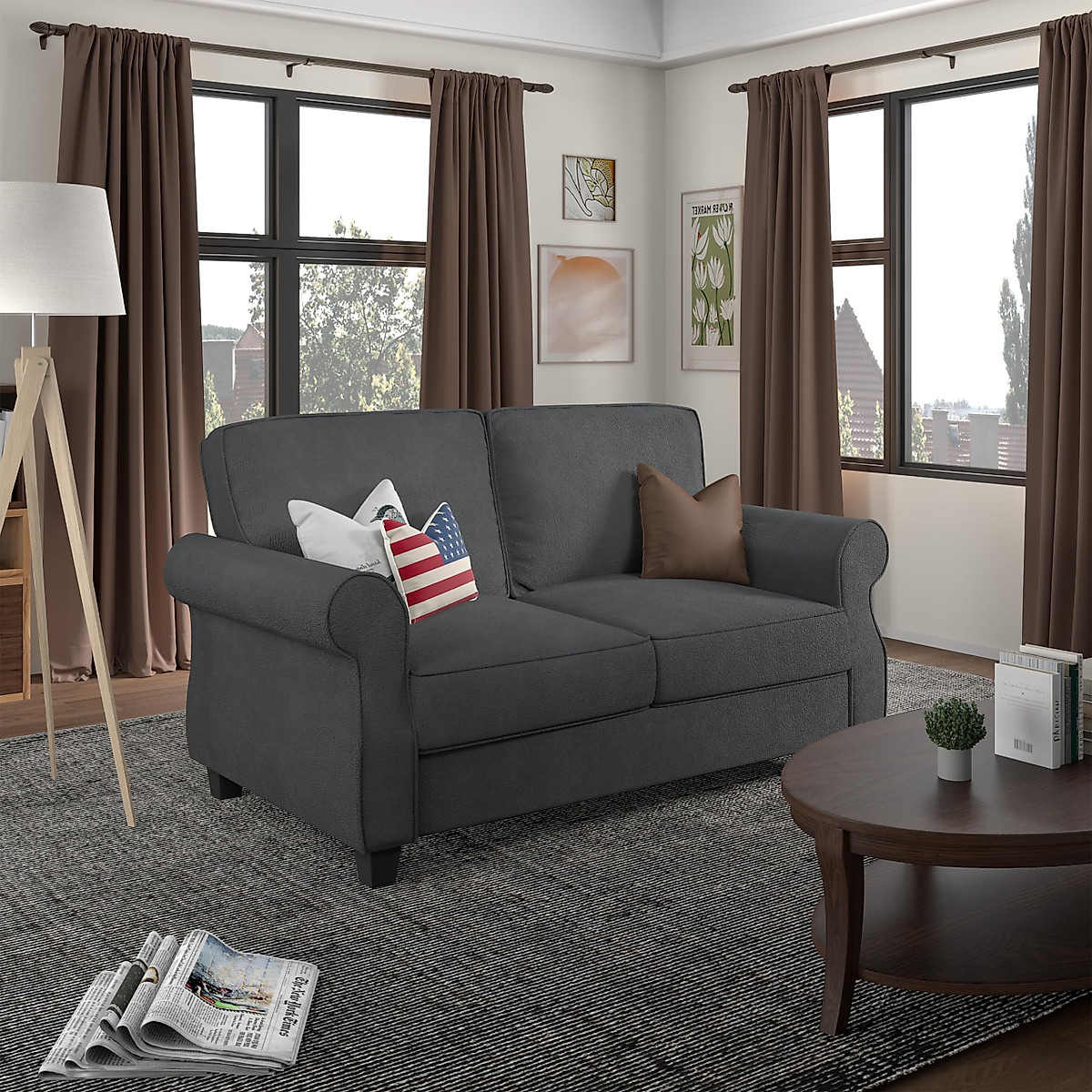 Lonkwa 57" Loveseat Sofa Couch, Upholstered Couches for Living Room, 2 Seat Small Love Seat with Rounded Arms, Living Room Furniture Small Couches for Small Spaces, Grey