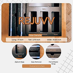 Rejuvv Bamboo 6 IN 1 Foil And Wrap Dispenser With Food Storage Bag Organizer for Kitchen Drawer, Foil And Baggie Organizer, Compatible With Wrap, Foil, Gallon, Quart, Snack Bags (Black)