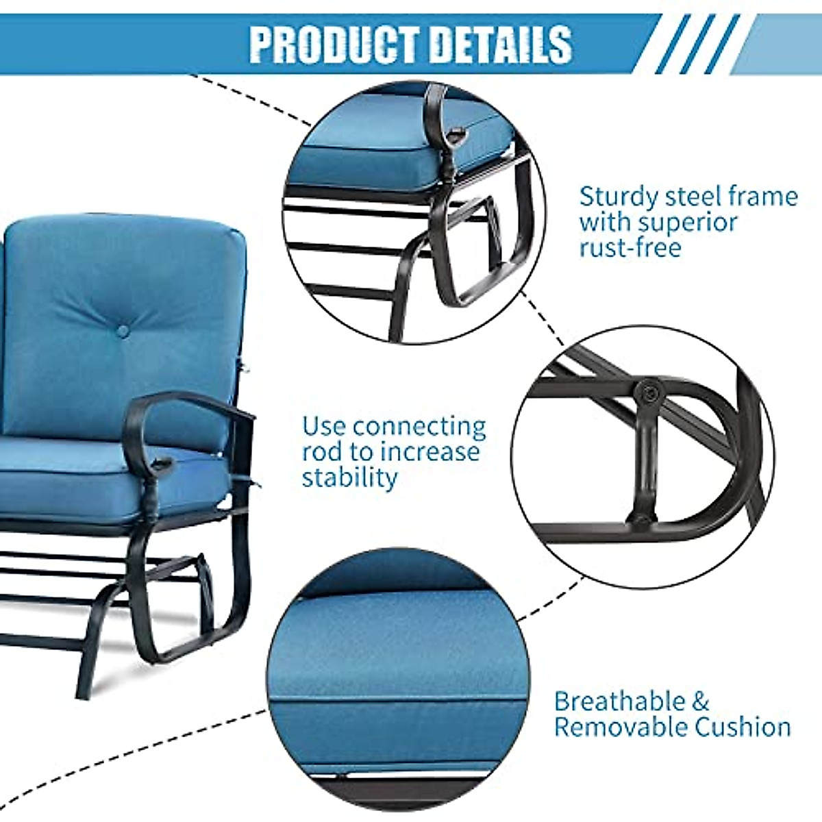 Omelaza Patio Bench, Porch Glider Outdoor Swing Glider Rocking Loveseat, Steel Frame Chair with Thick Cushion (Peacock Blue)