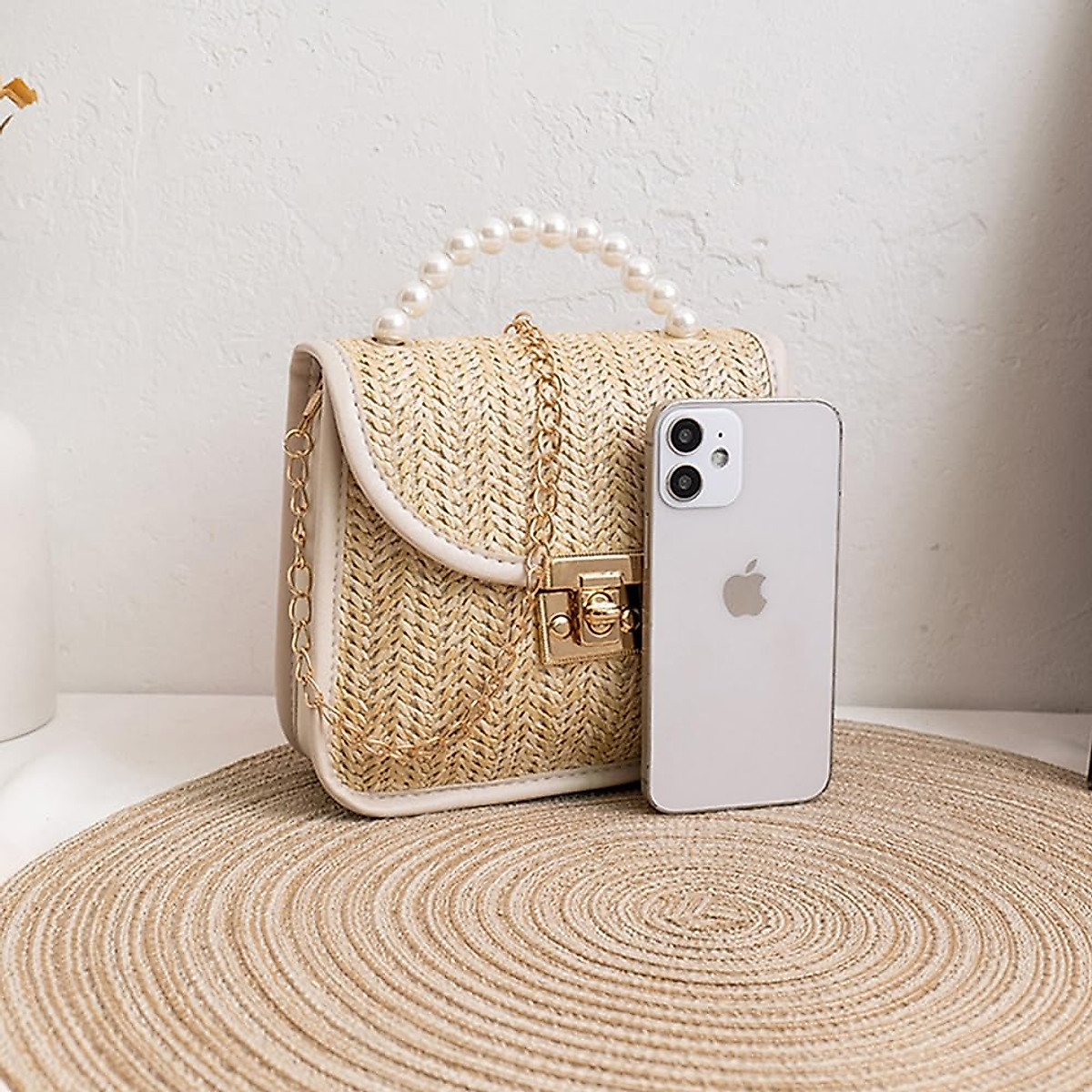 Straw Purses for Women, Summer Beach Straw Bag Hand-woven Crossbody Bag Small Pearl Top Handle Satchel Handbag for Travel Vacation (White)