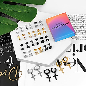 ONESING 15 Pairs Stainless Steel Earrings for Men Inlaid stud Cross Dangle Hinged CZ Earrings Stud Hypoallergenic Earrings Huggie Earrings Set for Women Men Ear Piercing Jewelry Black Steel Gold