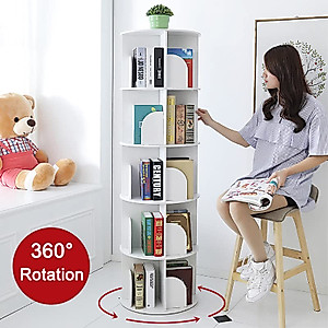 foriy 5 Tier Rotating Bookshelf 360° Revolving Bookcase Modern Tall Book Shelf Storage Display Rack Floor Standing Shelves with Baffle for Home Living Room Study Office White 63''X18''X18''