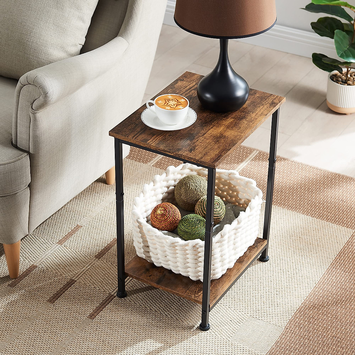 Somdot Side Table, 3 Tier End Table with Storage Shelf for Sofa Couch, Nightstand Bedside Table for Living Room Bedroom, Easy Assembly - Rustic Brown/Black