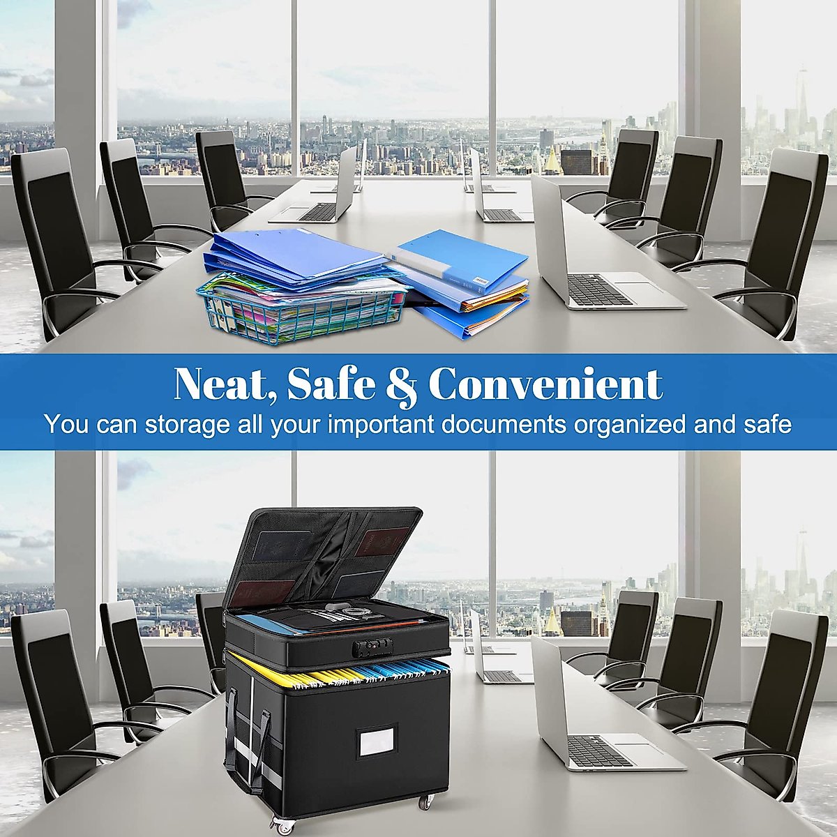 Fireproof Document Box with Lock, 2 Layer File Organizer Box with Wheels, Collapsible Safe File Box Document Organizer for Home Office,Rolling File Cabinet for Hanging Letter/Legal Folder