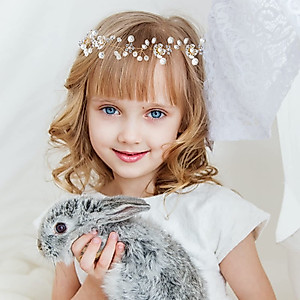 Oagsln Wedding Hair Accessories for Kids, Flower Girl Hair Accessory, Gold, White Headpiece, Rhinestones Hairband