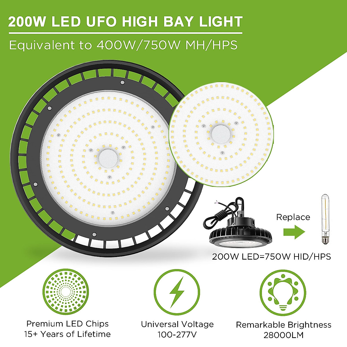 UFO LED High Bay Light 200W LED Warehouse Lights IP65 for Wet Location LED Commercial Area Lighting Fixture for Gym Factory Warehouse ETL Certified 5' Cable 5000K 1-10V Dimmable 28000LM Black 2Pack