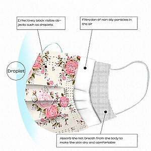 50PC Flower Disposable Face_Masks for Women, 3-Ply Colorful Floral Breathable Face_Mask with Nose Wire for Glasses Wearers, Protective Facemask with Printed Design for Adults Holiday Party