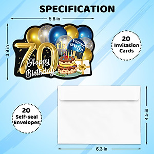 ERHACHAIJIA 20 PCS Blue & Golden Balloons & Cake Shaped Fill-In Invitations Cards With Envelopes, Funny 70th Happy Birthday Party 70 Year Old Birthday Invites For Men Husband Dad Farther