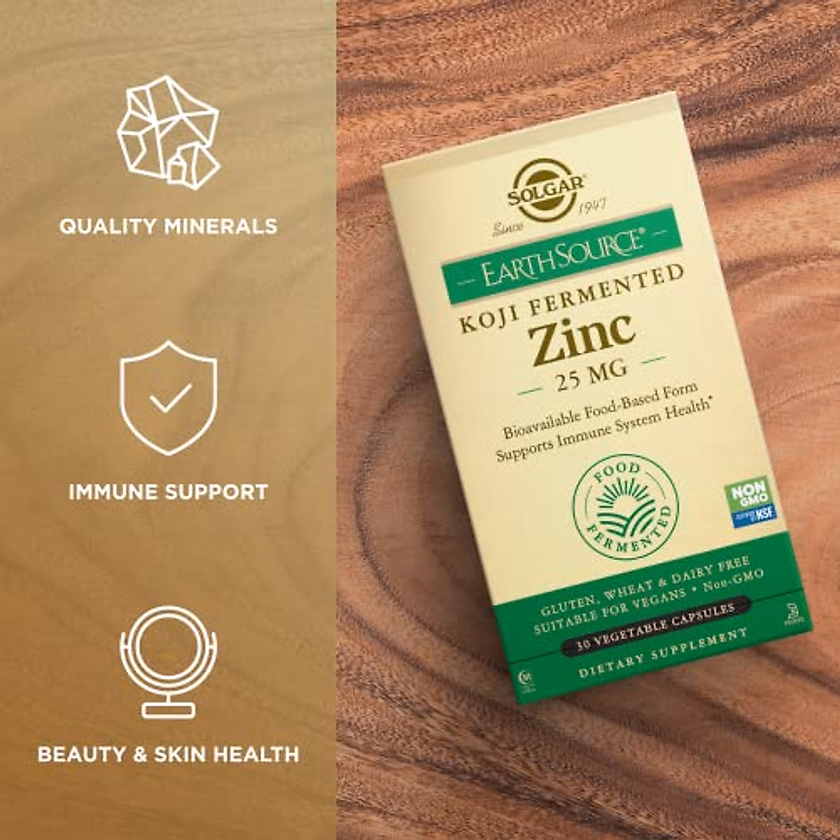 Solgar Earth Source Food Fermented Koji Zinc 25mg, 60 Vegetable Capsules - Higher-Absorption, Bioavailable Zinc for Immune & Skin Health - Non-GMO, Vegan, Gluten Free, Dairy Free, Kosher - 60 Servings