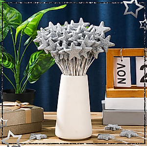 Suzile 60 Pcs Star Floral Picks Silver Glitter Star Pick 7.9'' Star Centerpiece Twinkle Star Stem Puffy Foam Stars Stick Decor Wedding Bridal Baby Shower Birthday Christmas Party