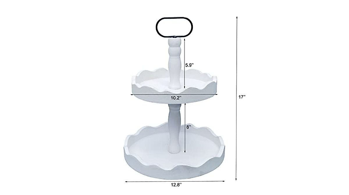 Farmhouse White Wood Two-Tier Tray with Metal Handles | Rustic Decor