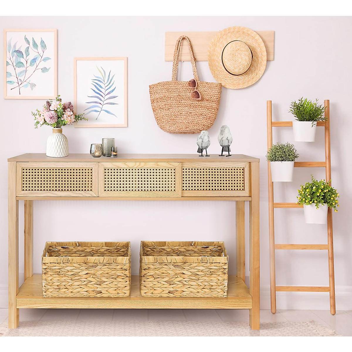 Long Console Table, Console Tables for Entryway, Rattan Entry Table Narrow Wood Console Table with Storage, Modern Couch Table Hallway Table Boho Sofa Table for Living Room