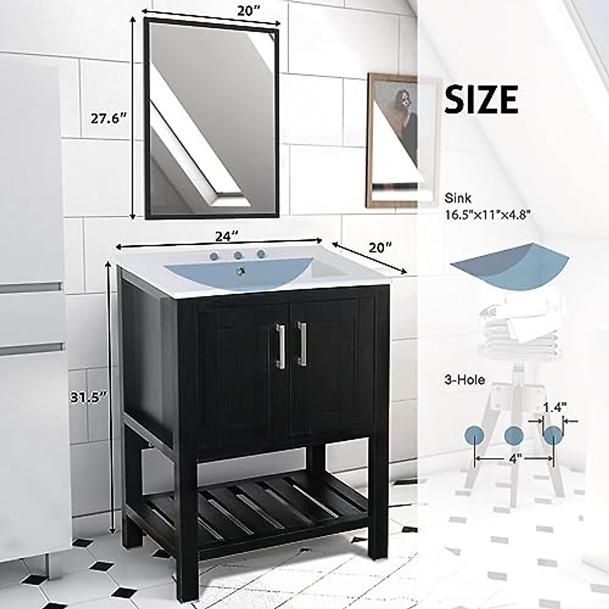 LUCKWIND 24" Black Bathroom Vanity Sink Combo, Modern Bathroom Cabinet with Space Save Bottom Shelf, Overflow 3-Hole Drop in Ceramic Vessel Sink Top & Mirror, Excluding Faucet