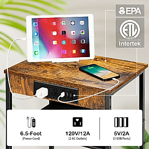 melos Nightstand with Charging Station, 3 Tier End Table with USB Ports & Power Outlets, Narrow Side Table for Small Spaces, Bedside Tables for Bedroom, Living Room, Rustic Brown