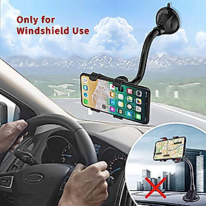 IPOW Upgraded No Glue Car Phone Mount Windshield with Strong Suction, Long Arm Cell Phone Holder for Car with X-Shaped Clamp Fits Thick/Irregular Phone Case