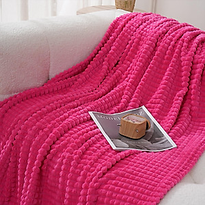 Puncuntex Flannel Fleece Throw Blanket Hot Pink 50"×60",Super Soft Plush Cozy Blanket with 3D Jacquard Square Grid Design Luxury for Couch Sofa Chair