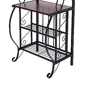 65 Inch 5 Tier Bakers Rack, Middle Wood Shelf, Carved Black Metal Frame