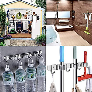 LVSHANG Broom Mop Holder,Heavy Duty Hooks Hanger Wall Mounted,Stainless Steel Organizer for Home, Kitchen, Garden, Garage, 3 Racks 4 Hooks, Grey