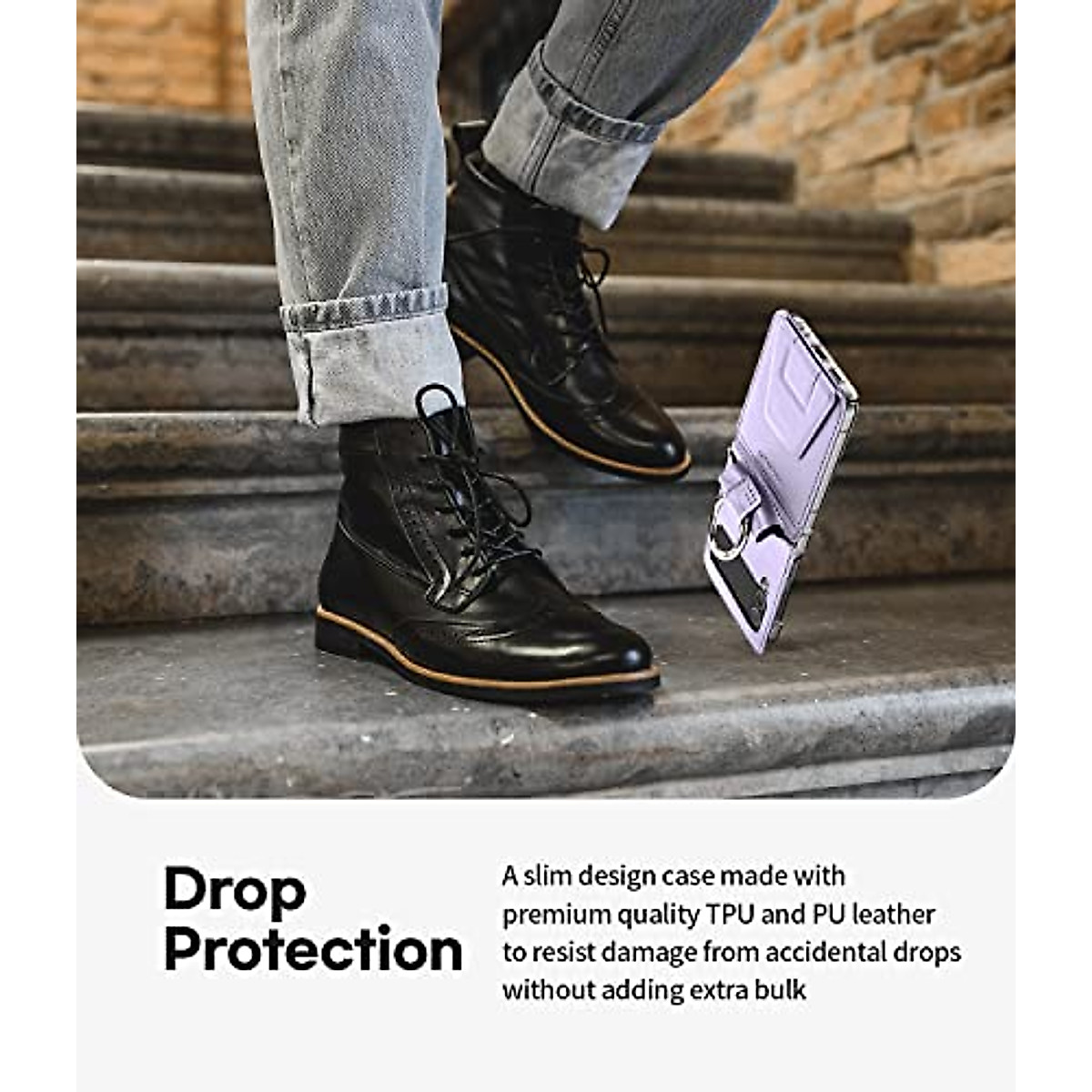 GOOSPERY EZ Mount Wallet Compatible with Galaxy Z Flip 4 Case, Card Holder Loopy Ring Adjustable Kickstand with Horizontal/Vertical [Compatible with Wireless Charging], Lavender