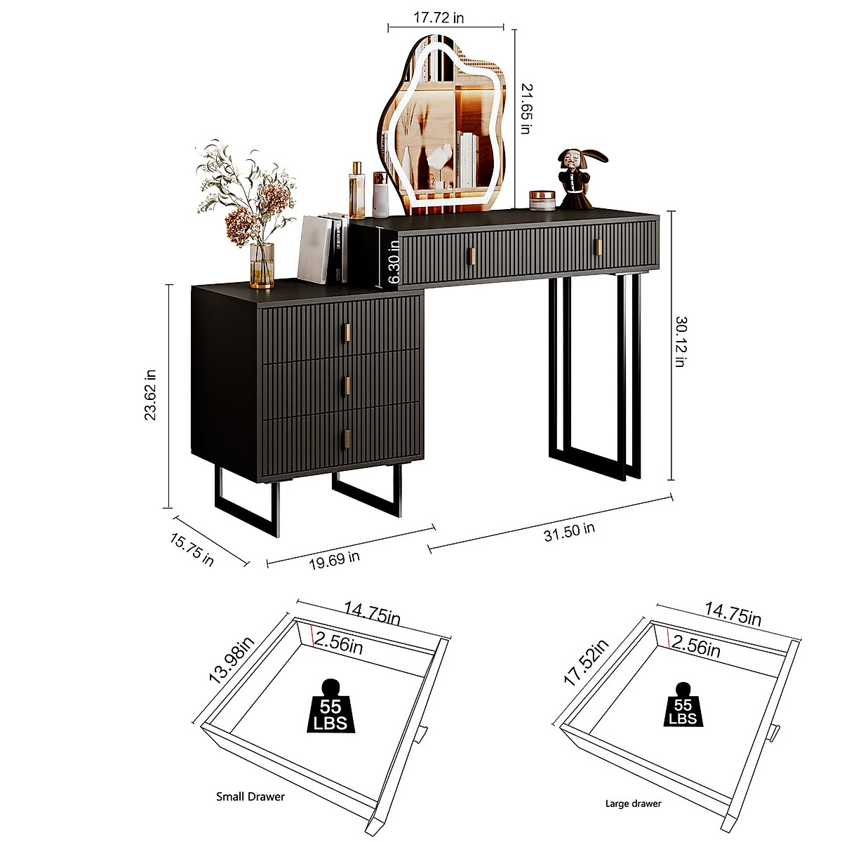 Black Vanity Desk with Mirror and Lights,Small Makeup Vanity with 5 Drawers，Modern Makeup Table with Adjustable Cabinet for Bedroom,Makeup Room