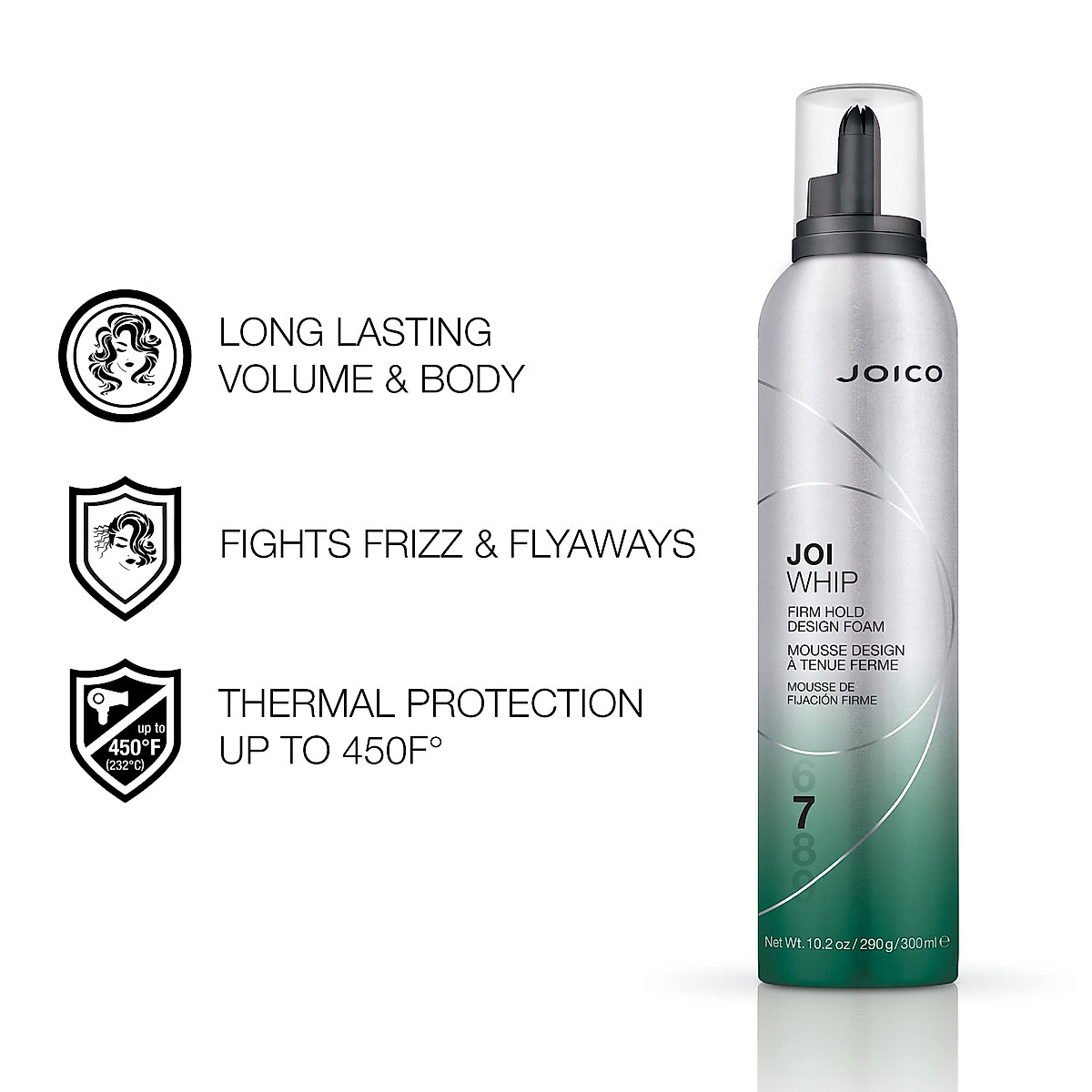 Joico JoiWhip Firm Hold Designing Foam | For Most Hair Types | Add Volume & Body | Boost Shine | Control Frizz & Flyaways | Heat, Humidity, & Pollution Protection | Silicone & Paraben Free | 300mL