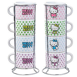 Silver Buffalo Sanrio Hello Kitty Polka Dots 4pc Stackable Ceramic Espresso Small Cup Set, 3 Ounces
