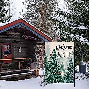 Welcome Winter Pines Tree Garden Flag Double Sided Cardinal Red Bird Christmas Garden Flag for Outside Xmas Farmhouse Seasonal Outdoor Flag