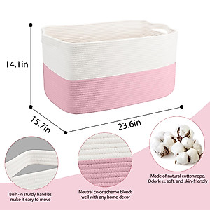 MEGASKET XXXL Pink Storage Basket, 23.6" x 15.7" x 14.1" Rectangle Cotton Rope Basket, Extra Large Blanket Basket, Kids Toy Basket Bins, Wicker Woven Basket, Decorative Basket Gift for Nursery Storage