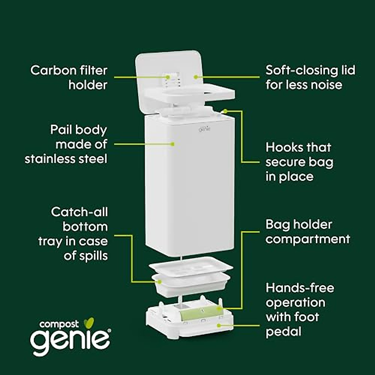 Compost Genie Kitchen Compost Bin, White Stainless-Steel Large, 3.6 Gallon, Indoor Odorless Composting, Hands-Free, Washable Parts, Includes 8 Tear-Off Compostable Bags and 4 Carbon Filters