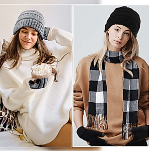 Zhehao 12 Pcs Winter Beanie Hat Scarf Gloves Set Including Knit Beanie Hat Warm Long Scarf Touch Screen Gloves for Women Men(Classic Colors, Plaid)