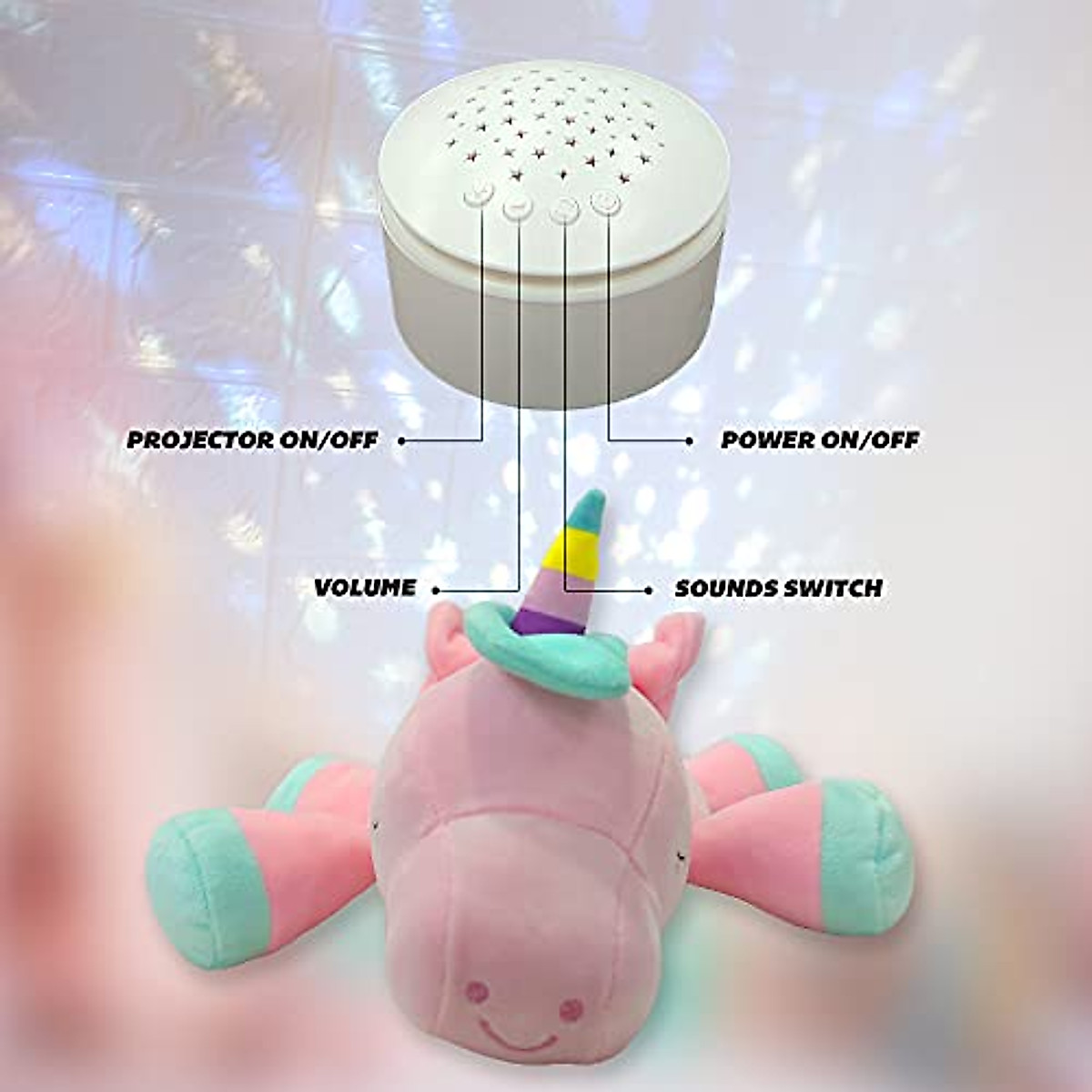 Linzy Toys Starry Night Baby Night Light with Projector with Soothing Sounds, Lullabies and White Noise Soother for Kids, Nursery Decor, Stuffed Animal Unicorn (57801), Pink