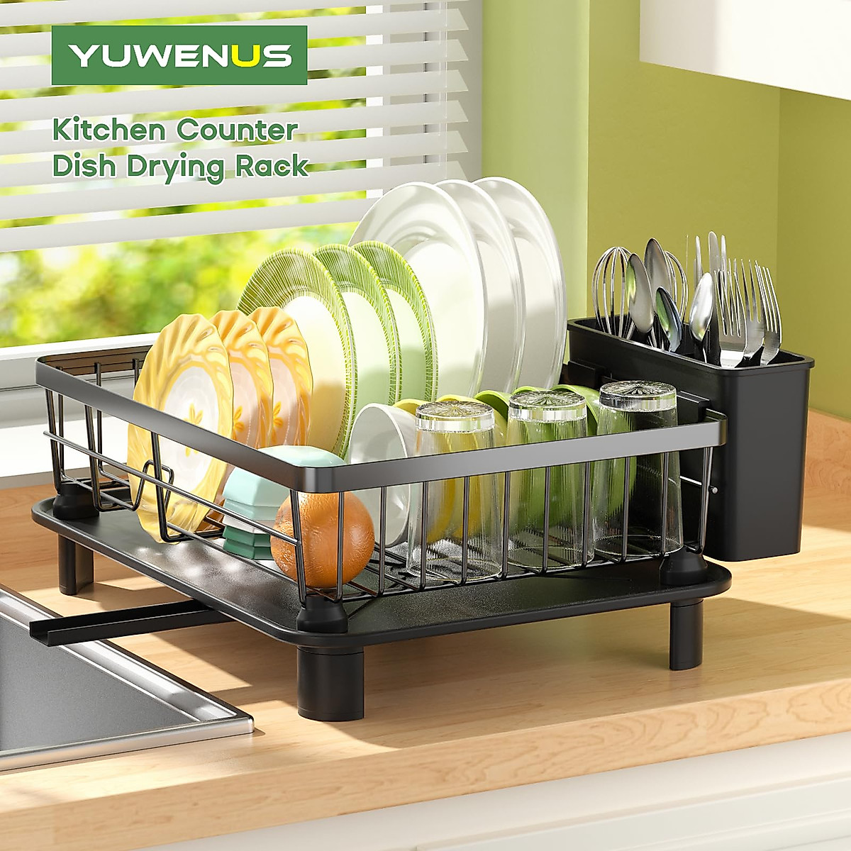 YUWENUS Dish Drying Rack, Space-Saving Dish Rack for Kitchen Counter, Anti-Rusty Stainless Steel Dish Drainer with Utensil Holder, escurridor de platos for Kitchen (Black)