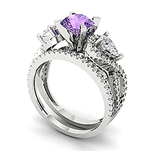 2.1 ct Round Pear Cut Custom Engraving 3 stone Alexandrite Designer Statement Classic Ring Band Set 18K White Gold Size 9.5
