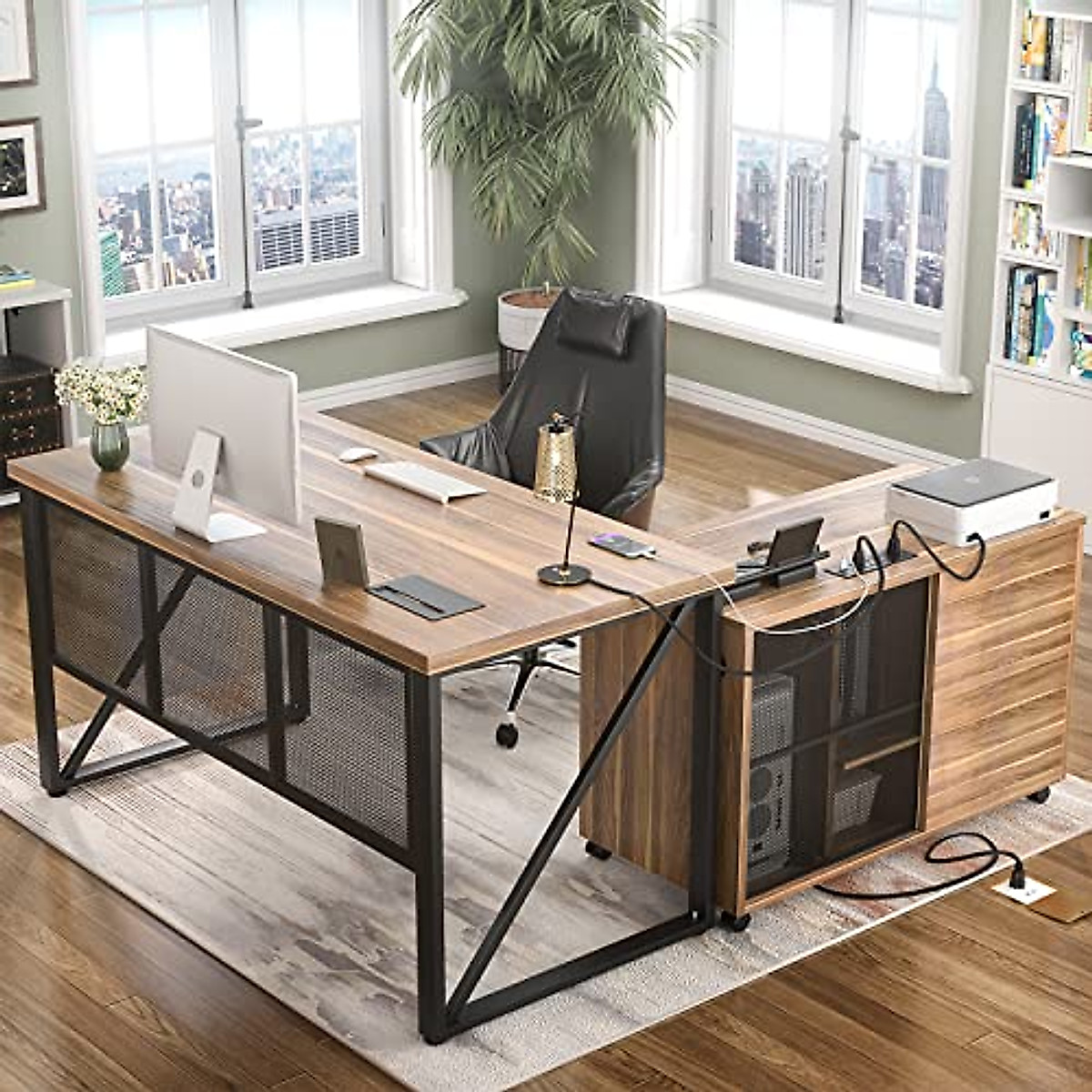 Unikito 55 Inch Executive Desk and Lateral File Cabinet, L Shaped Office Desk with Power Outlet and USB Port, Large Computer Table Home Office Furniture with Drawers and Storage Shelves, Rustic Walnut
