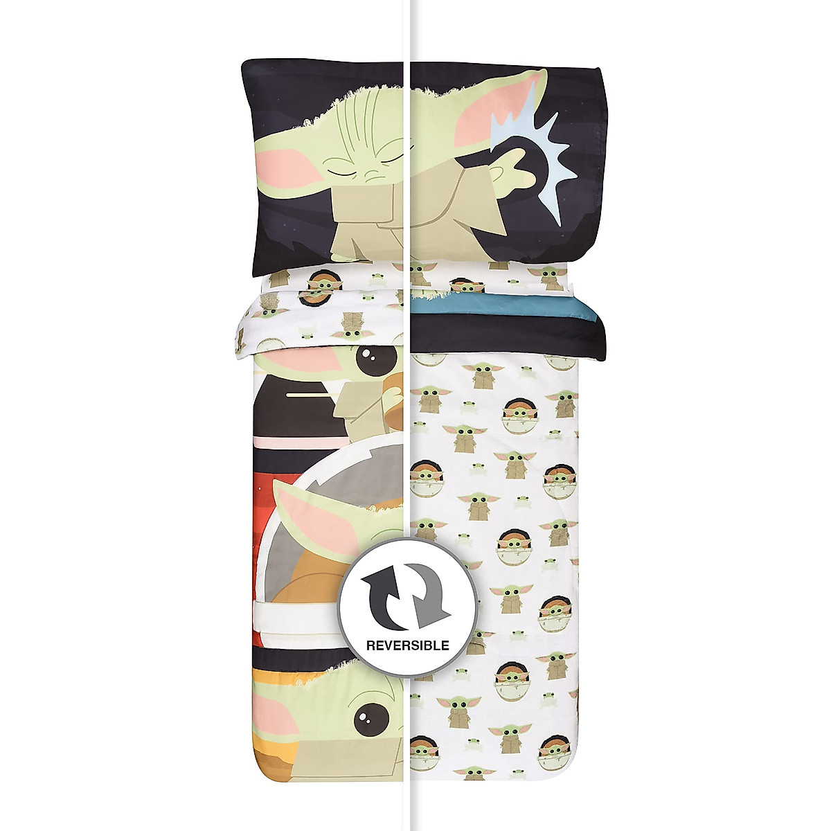 Expressions 3 Piece Toddler Bedding Set Baby Yoda Mandalorian Standard Crib Bedding Set, Includes Soft Microfiber Reversible Comforter, Fitted Sheet, Pillowcase for Kids (Official Star Wars Product)