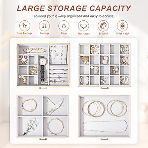 V-LAFUYLIFE Jewelry Box for Women,4-Layer Leather Jewelry Holder Organizer with 3 Drawers Large Jewelry Storage Boxes, Lots of Storage Space For Ring,Necklace,Bracelets,Earring（White）
