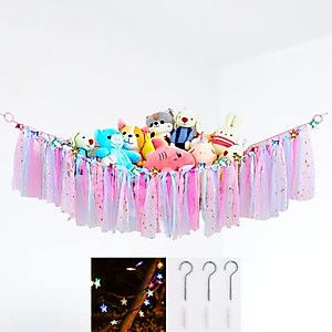 Stuffed Animal Hammock with LED Lights, CANFOD Nursery Toy Storage Holder Corner Organizer, Stuffed Animal Net with Tassels, Boho Kids Room Décor for Girls (Pink-Star Lights-Multicolor)