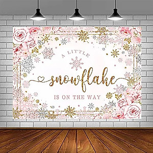 AIBIIN 7x5ft Winter Baby Shower Backdrop for Girls A Little Snowflake is on The Way Baby Shower Photography Background Pink Floral Gold Snowflake Baby Shower Party Decorations Supplies Banner