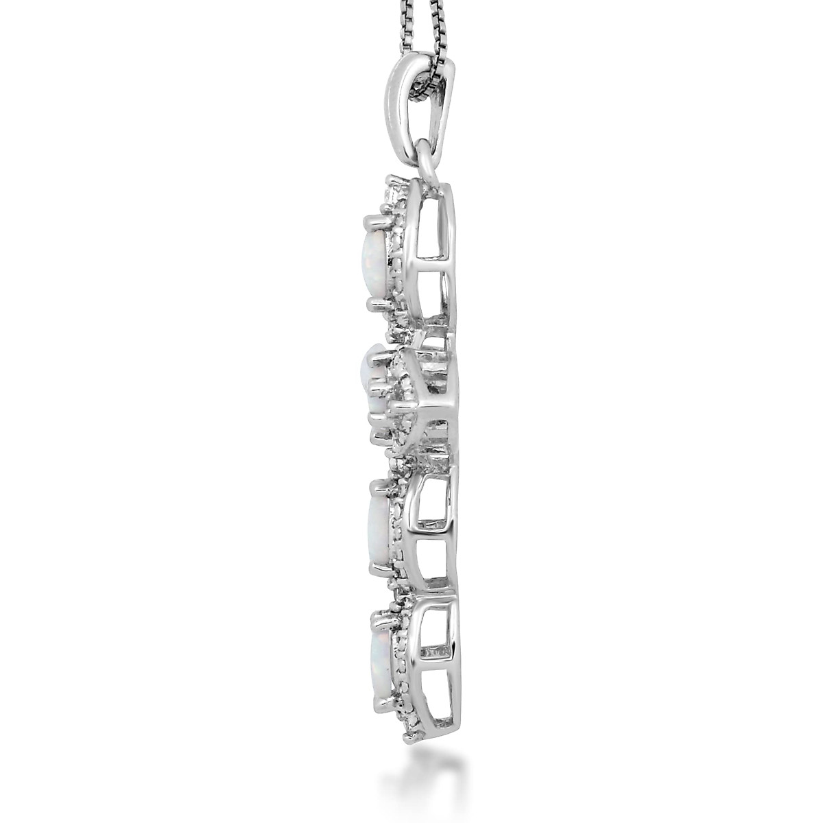 Jewelili Cross Pendant Necklace in Sterling Silver with Oval Shape Created Opal and Round Created White Sapphire, 18” Box Chain