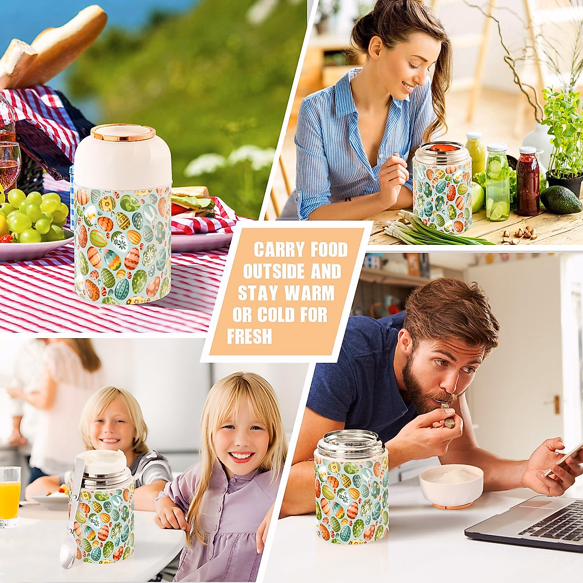 Easter Eggs Religion Holiday Celebration Kids Womens Insulated Food Jar with Spoon 17oz/500ml Jar For Hot Food Stainless Steel Vacuum Portable Thermo Flask for Insulated Hot Food