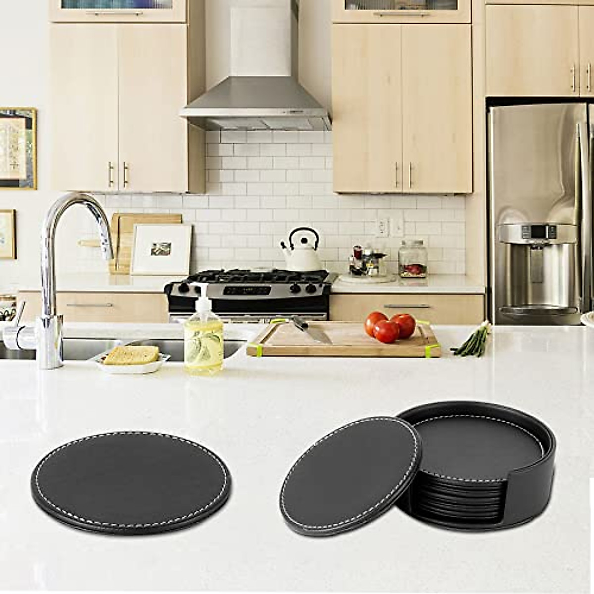 CARLWAY Set of 6 Leather Drink Coasters Round Cup Mat Pad for Home and Kitchen Use Black, 3.94"