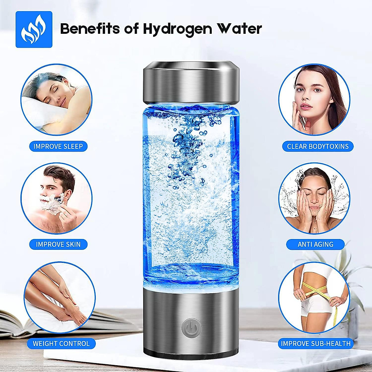 Hydrogen Water Bottle, Portable Hydrogen Water Ionizer Machine, Hydrogen Water Generator, Rechargeable Hydrogen Rich Water Glass Health Cup for Home Travel（Silver）