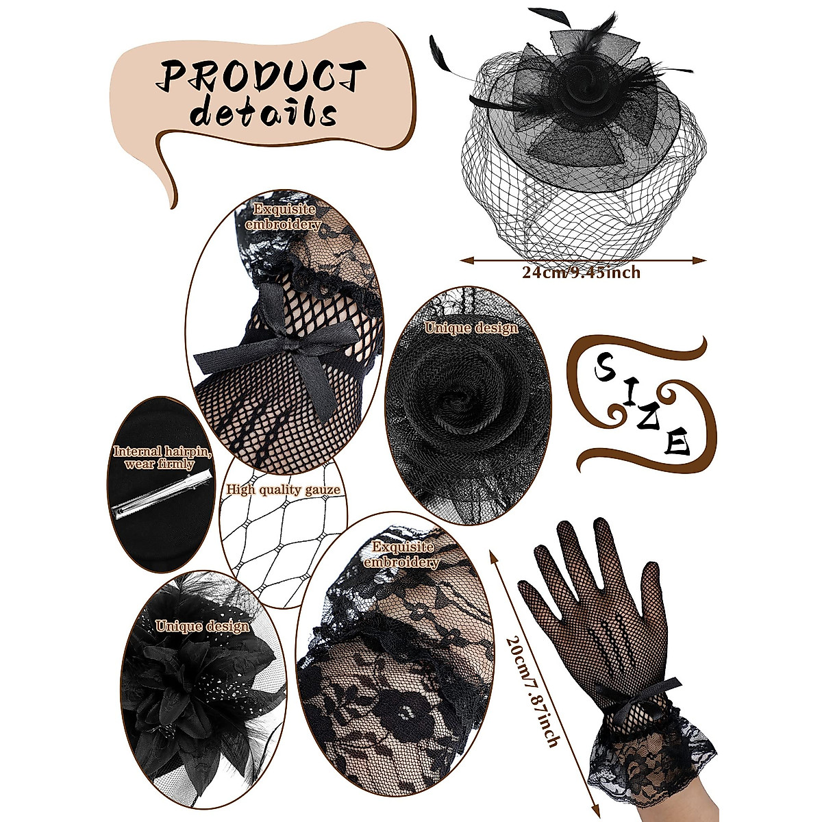 JenPen 4 Pcs Fascinator Hat for Women Tea Party Headwear Feathers Veil Mesh Headband Floral Short Lace Gloves 20s 50s Costume Accessories for Wedding Black