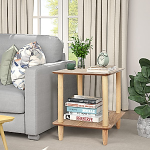 ECOMEX Patio Side Table, Outdoor End Table for Patio with 2-Tier Open Storage Shelf Wood Frame Side Table Rectangular Patio Side Table for Outdoors, Easy Assembly Natural Wood 1Pc