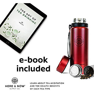 25 oz Multi-Function Travel Mug and Tumbler | Tea Infuser Water Bottle | Fruit Infused Flask | Hot & Cold Double Wall Stainless Steel Coffee Thermos | by Here & Now Supply Co. (Sacred Red)