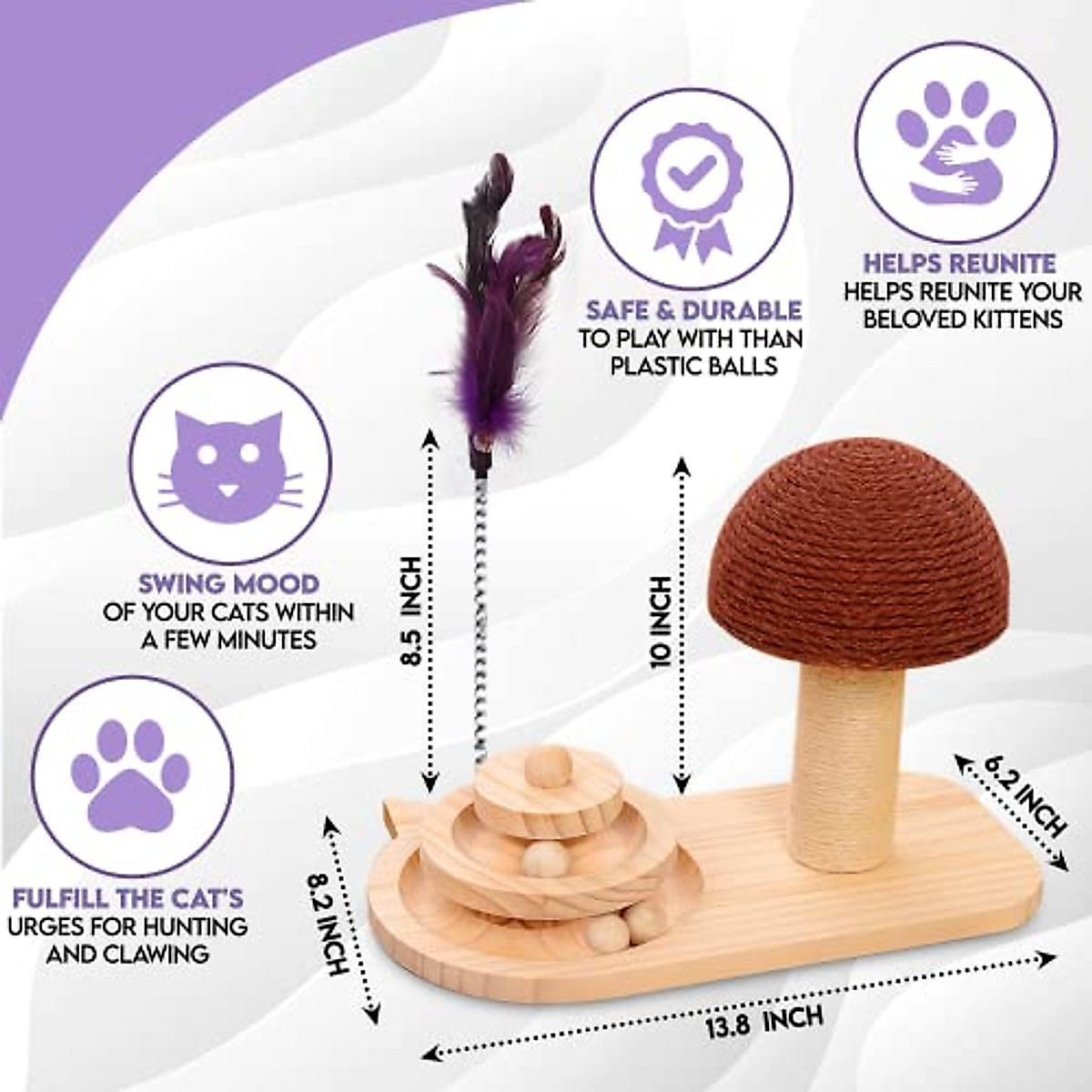 Paw Paw Babe 3 in 1 Cat Scratch Post - Wooden Base, Mushroom Sisal Post, Feather Stick - Cats Interactive Track Ball Toy - Cat Scratcher Toys for Indoor Fun