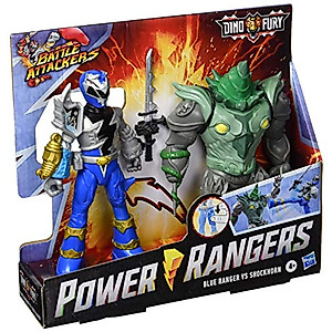 Power Rangers Dino Fury Battle Attackers 2-Pack Blue Ranger vs. Shockhorn Kicking Action Figure Toys with Accessory Inspired by TV Show Ages 4 and Up