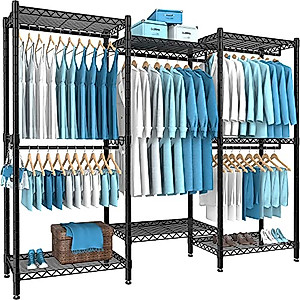 PUNION Portable Wardrobe Rack, 7 Tiers Wire Shelving Black Garment Rack, Compact Extra Large Clothing Racks Metal with 5 Hanging Rods, 1 Pair Side Hooks for Hanging Clothes